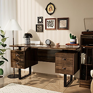 VERDANTREE Large Office Desk Computer Table with 4 Drawers for Home Office, 59" Study Writing Desk Workstation with Storage and Metal U Legs for Living Room, Office Walnut CTSZ20401WA