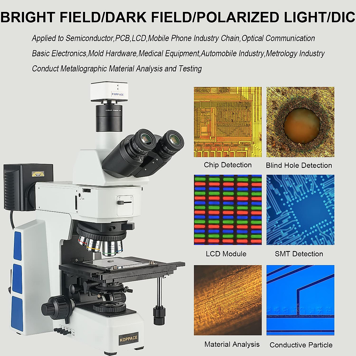 KOPPACE 153X-1530X Electron Metallographic Microscope Light and Dark Field Lens 6.3 Million Pixels Measuring Camera