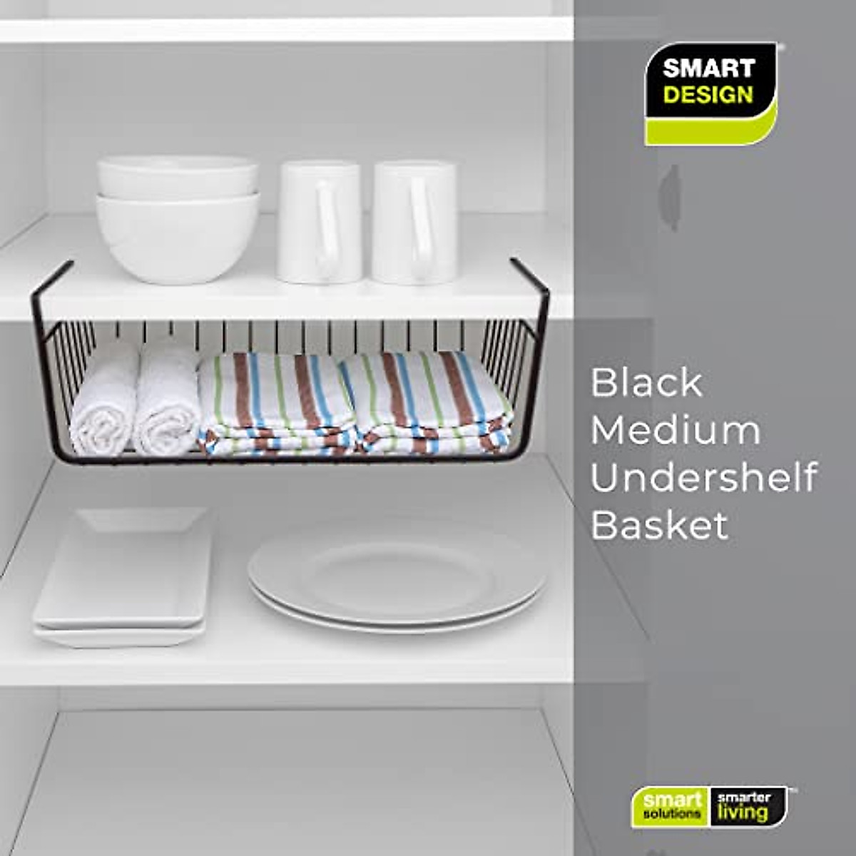 Smart Design Undershelf Storage Basket - Medium - Snug Fit Arms - Steel Metal Wire - Rust Resistant - Under Shelves, Cabinet, Pantry, and Shelf Organization - 16 x 5.5 Inch - Black