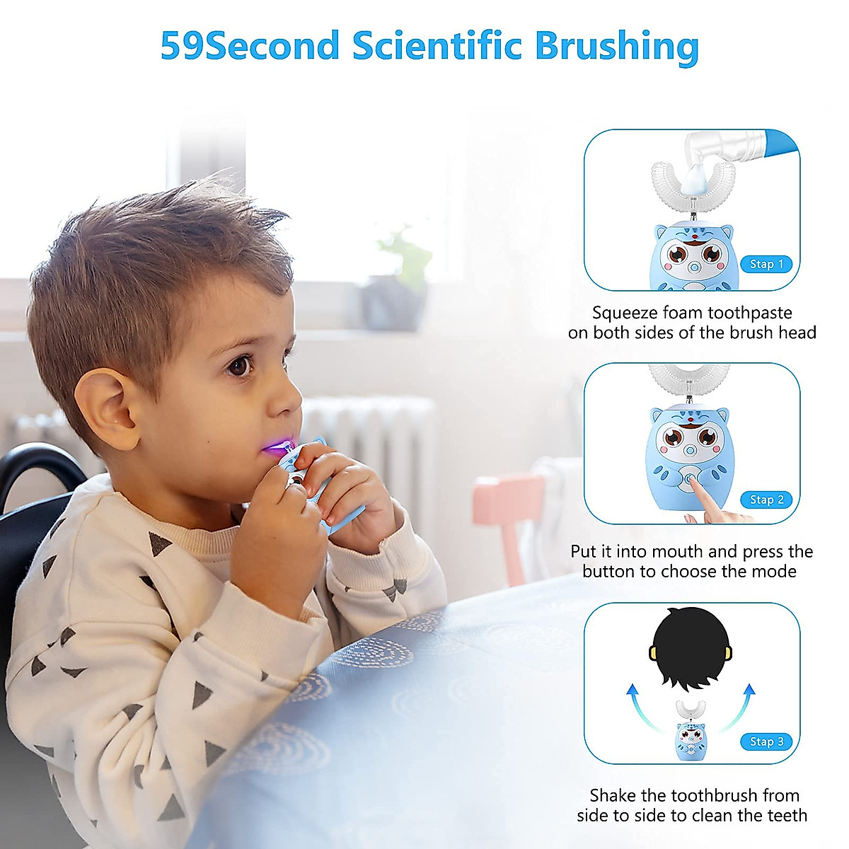 Kids U Shaped Electric Toothbrush U Shaped Automatic Toothbrushes 360° Cleaning with Six Smart Modes Auto Whitening Toothbrush IPX7 Waterproof Design for Toddler Children (8-15 Age (Blue))