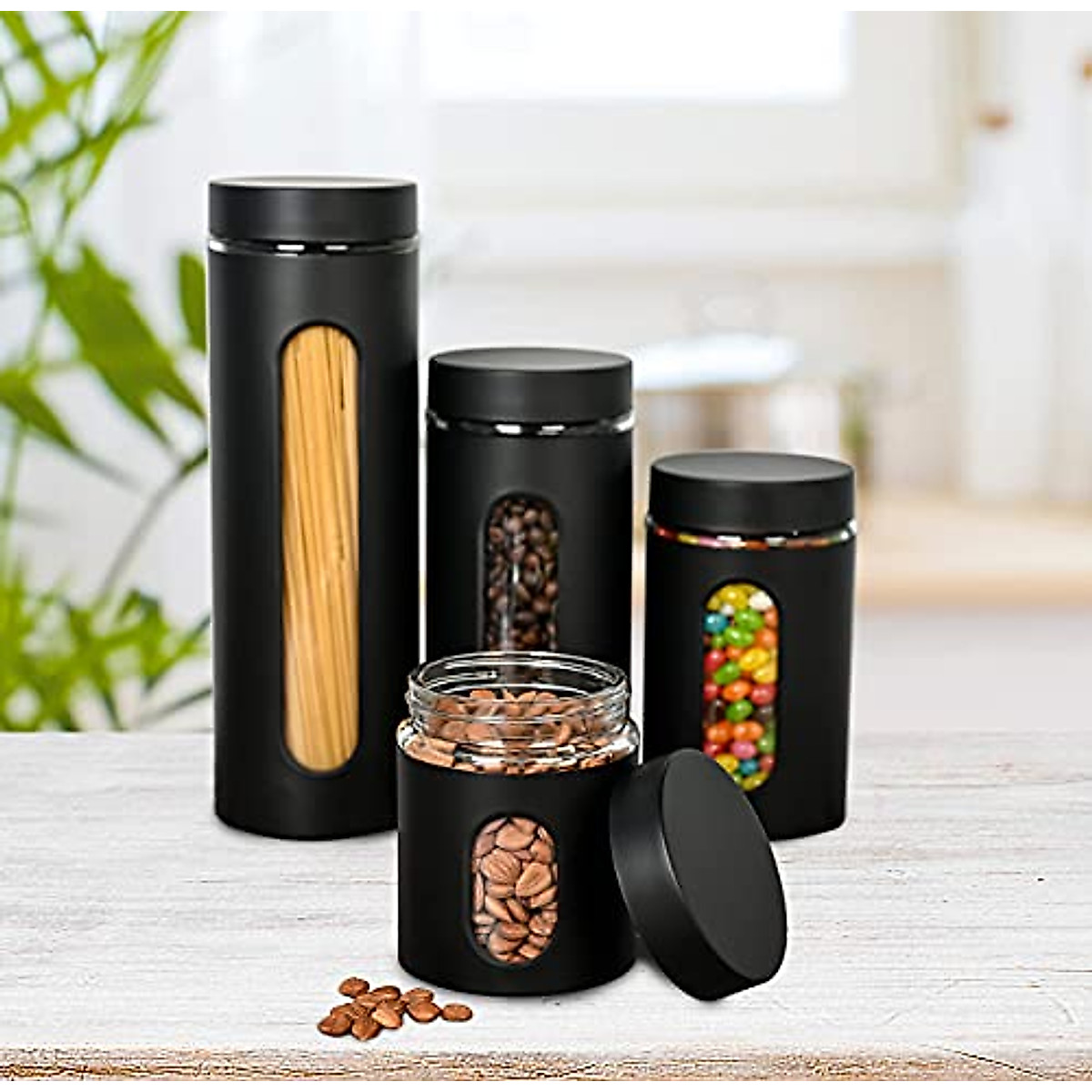 Quality Modern Black Stainless Steel Canister Set for Kitchen Counter with Glass Window & Airtight Lid - Food Storage Containers with Lids Airtight - Pantry Storage and Organization Set
