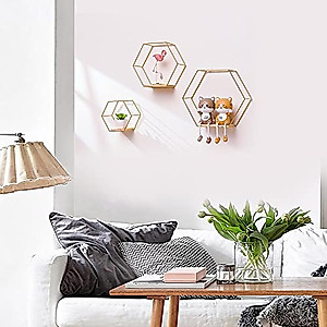 ＫＬＫＣＭＳ 3X Nordic Style Hexagon Honeycomb Floating Wall Shelf Display Iron Hanging Storage Rack Holder for Home/Office Bathroom Kitchen Room , Gloden