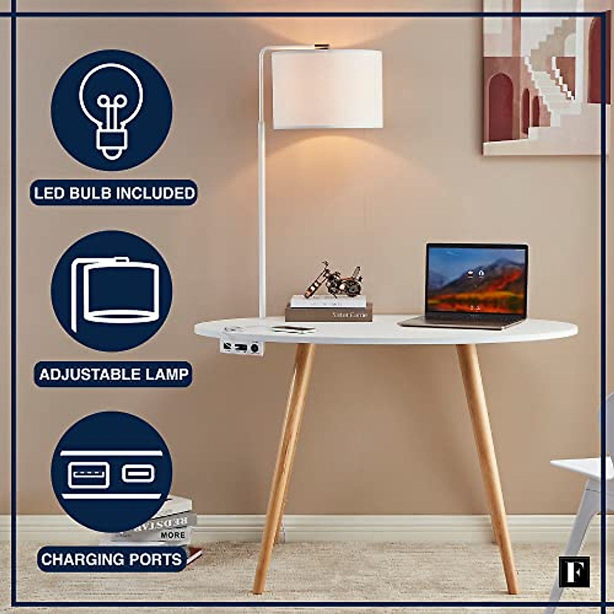 FENLO Future Oval - 45.5" Mid-Century Desk with Charging Station, Home Office Desk with USB, USB-C, and Power Outlet, Smart Work Table for Home Office, Round Table with USB Charging (White)