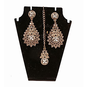 NEW! Touchstone Indian Bollywood Exotic Petals Studded Diamond Look Sparkling Rhinestone Designer Jewelry Chandelier Earrings Mangtika Head Accessory Combo In Gold Tone For Women.