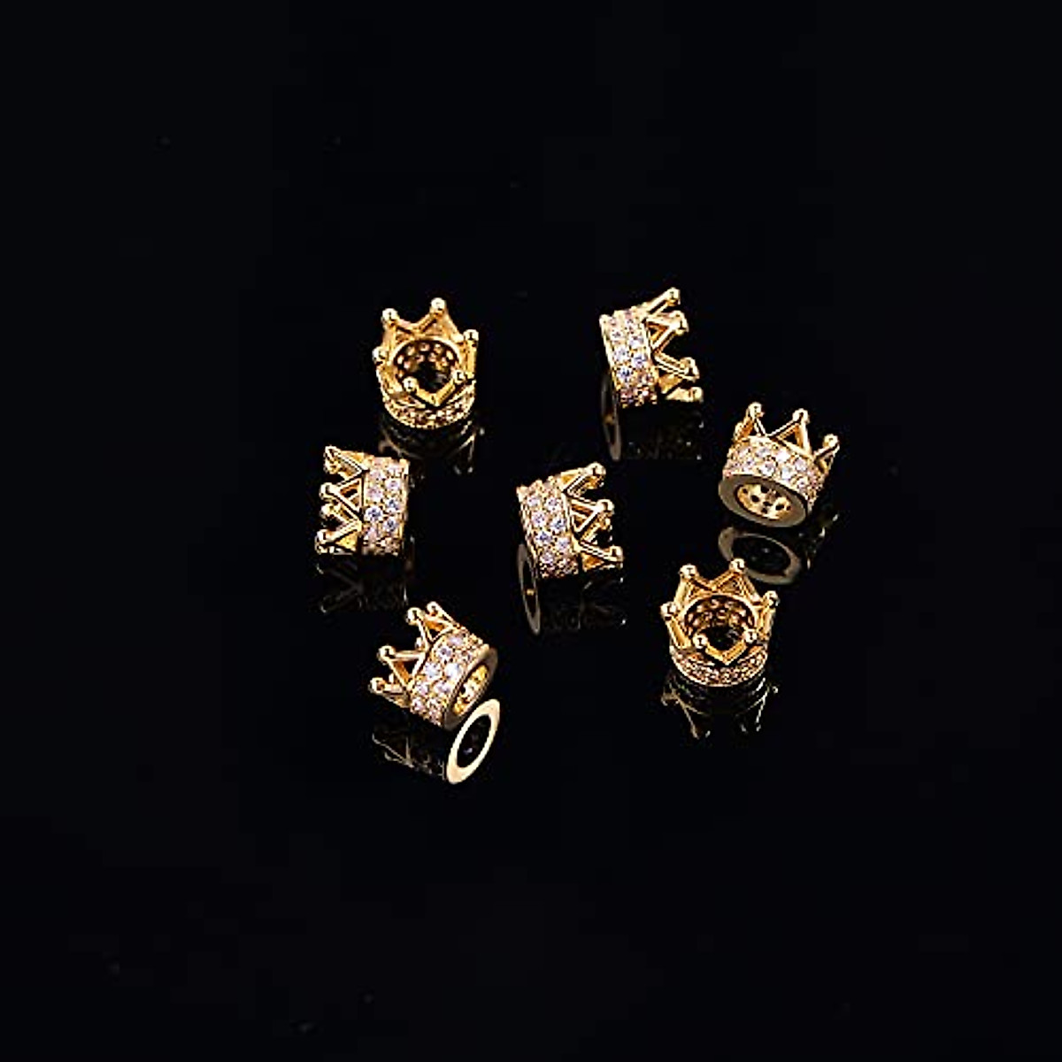 Stiesy 10 Pcs Brass Micro Pave Cubic Zirconia Crown Beads Bulk Long-Lasting Real 18K Gold Plated Spacer Loose Beads for Bracelets Necklace DIY Jewelry Making - 7x5mm