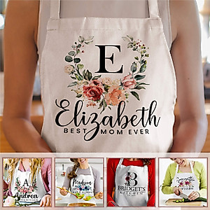 Personalized Kitchen Apron Initial Name Flowers Design - Customized Woman Man White Aprons Gift for Chef Cooking BBQ Grill Baking White Aprons - Gifts for Women Men - Unisex Cotton, Add Your Text -C02