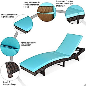 Tangkula Outdoor Folding Chaise Lounge, Rattan Patio Lounge Chair with Removable Thick Cushion, 5 Adjustable Levels, Leisure Reclining Wicker Lounge Chair for Garden, Pool Side, Balcony (2, Turquoise)