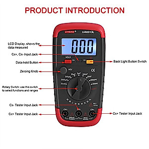 Digital Capacitance Meter Multimeter Professional Capacitor Tester 0.1pF - 20000uF with LCD Backlight and Safety Jacket Max 1999 Display