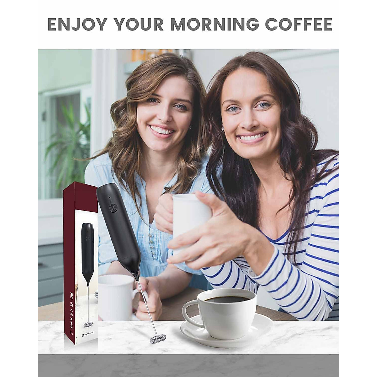 Homradise Milk Frother Rechargeable, Electric Milk Frother Handheld USB-C Powerful Coffee Frother Milk Foam Maker for Coffee Latte, Cappuccino, Mocha, Macchiato, Frappe and Protein Powder -Black