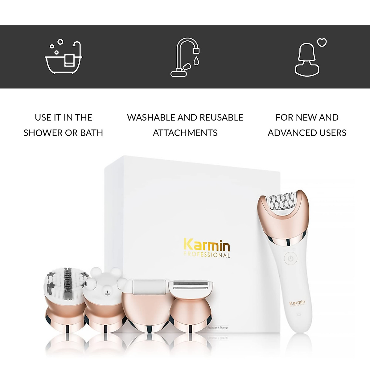 Karmin 5 in1 Wet Dry Epilator for Women Hair Removal, Cordless Electric Shaver, Trimmer, Facial, Body, Arm, Leg Hair Remover, USB Rechargeable, Waterproof, Shave, Exfoliate, Smooth, Buff, Massage