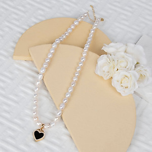 2023 New 925 Sterling Silver Dainty Freshwater Cultured Pearl Strand Necklace Black Agate Love Heart Pendant White Genuine Real Pearls Jewelry Gifts for Her 7-8mm Black Heart