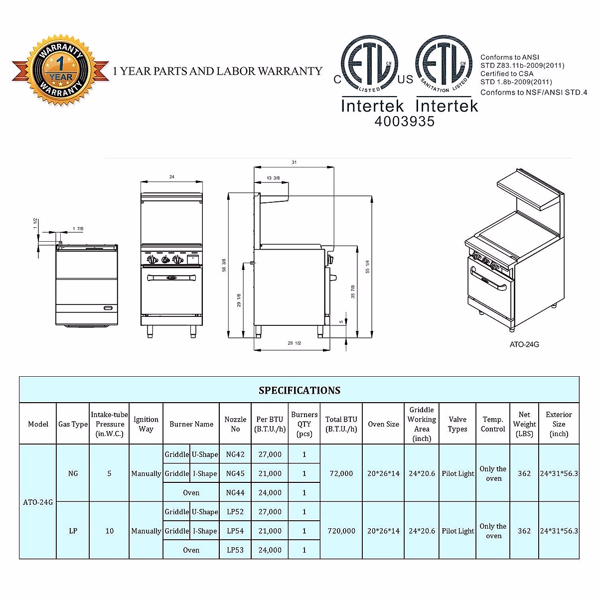 Atosa AGR Commercial Gas Range, 24" Gas Range, Griddle Top, (1) 20" Standard Oven, Propane Gas (AGR-24G-LP)
