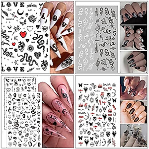 8 Sheets Black Snake Nail Art Stickers 3D Skull Gothic Nail Decals Designer Nail Stickers Nail Art Supplies Horror Goth Punk Ghost Face Nail Stickers Designs for Acrylic Nails Decorations Charms