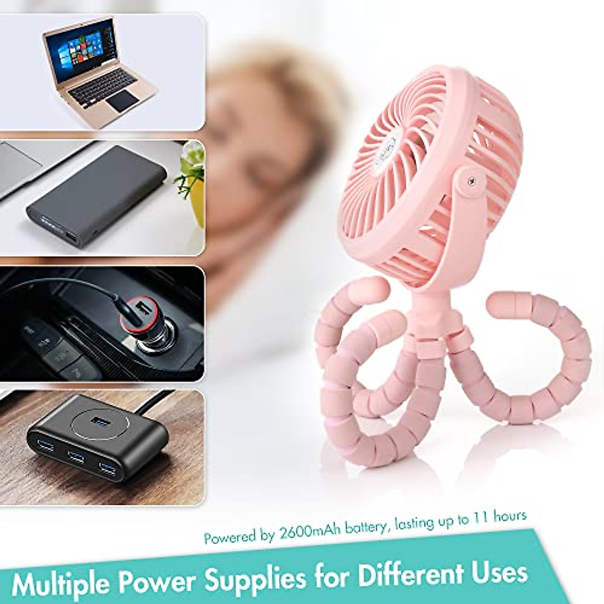 AMACOOL Battery Operated Stroller Fan Flexible Tripod Clip On Fan with 3 Speeds and Rotatable Handheld Personal Fan for Car Seat Crib Bike Treadmill (Pink)