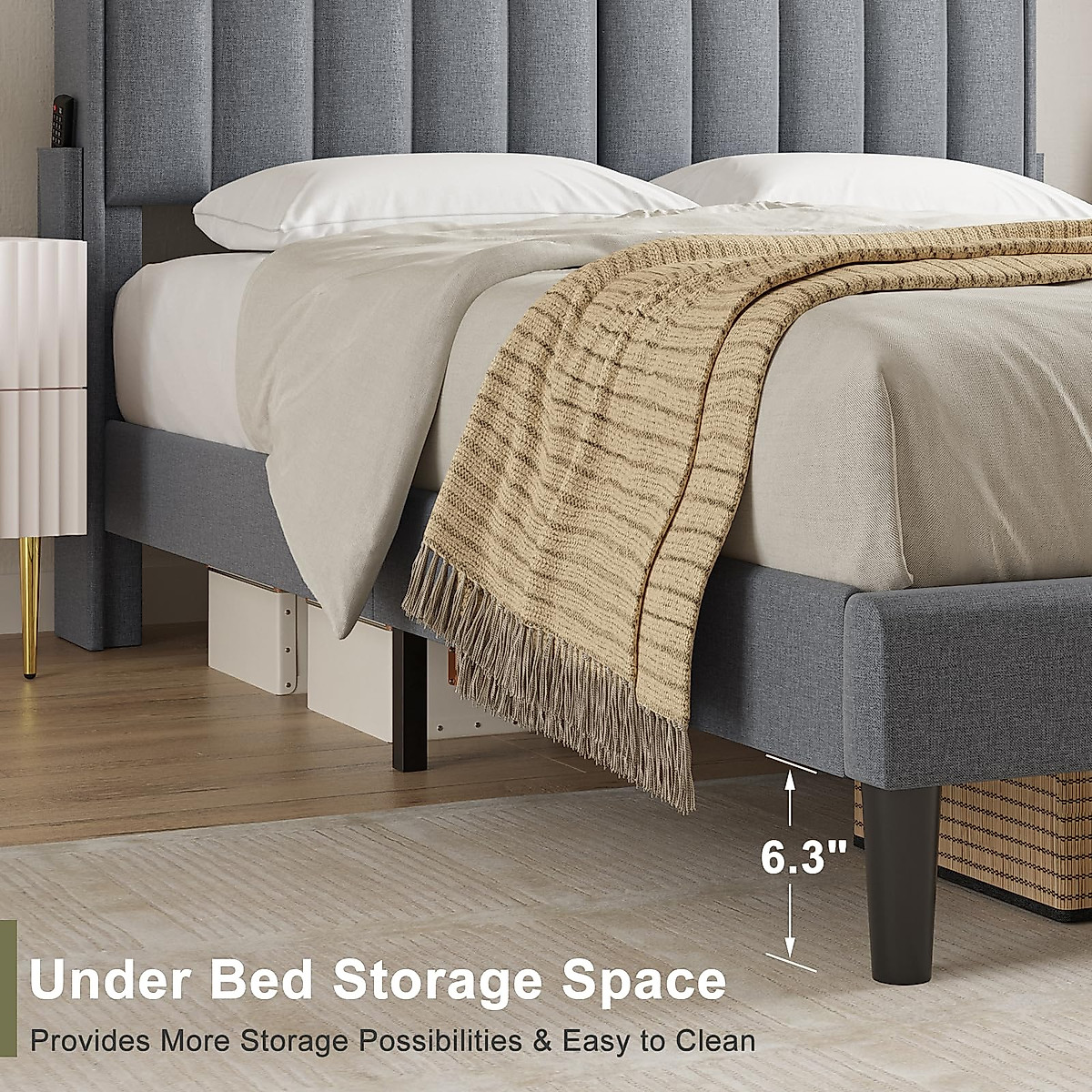 Queen Bed Frame with Storage Headboard & Footboard Upholstered Platform Bed with LED Lights USB Ports & Outlets Strong Wood Slats Support No Box Spring Needed