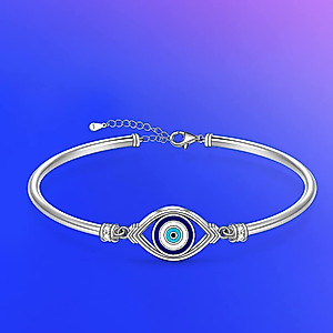 Evil Eye Bracelet for Women Sterling Silver Greek Turkish Blue Evil Eye Bangle Bracelets Adjustable Good Luck Protection Jewelry White Gold Cute Mothers Day Gifts