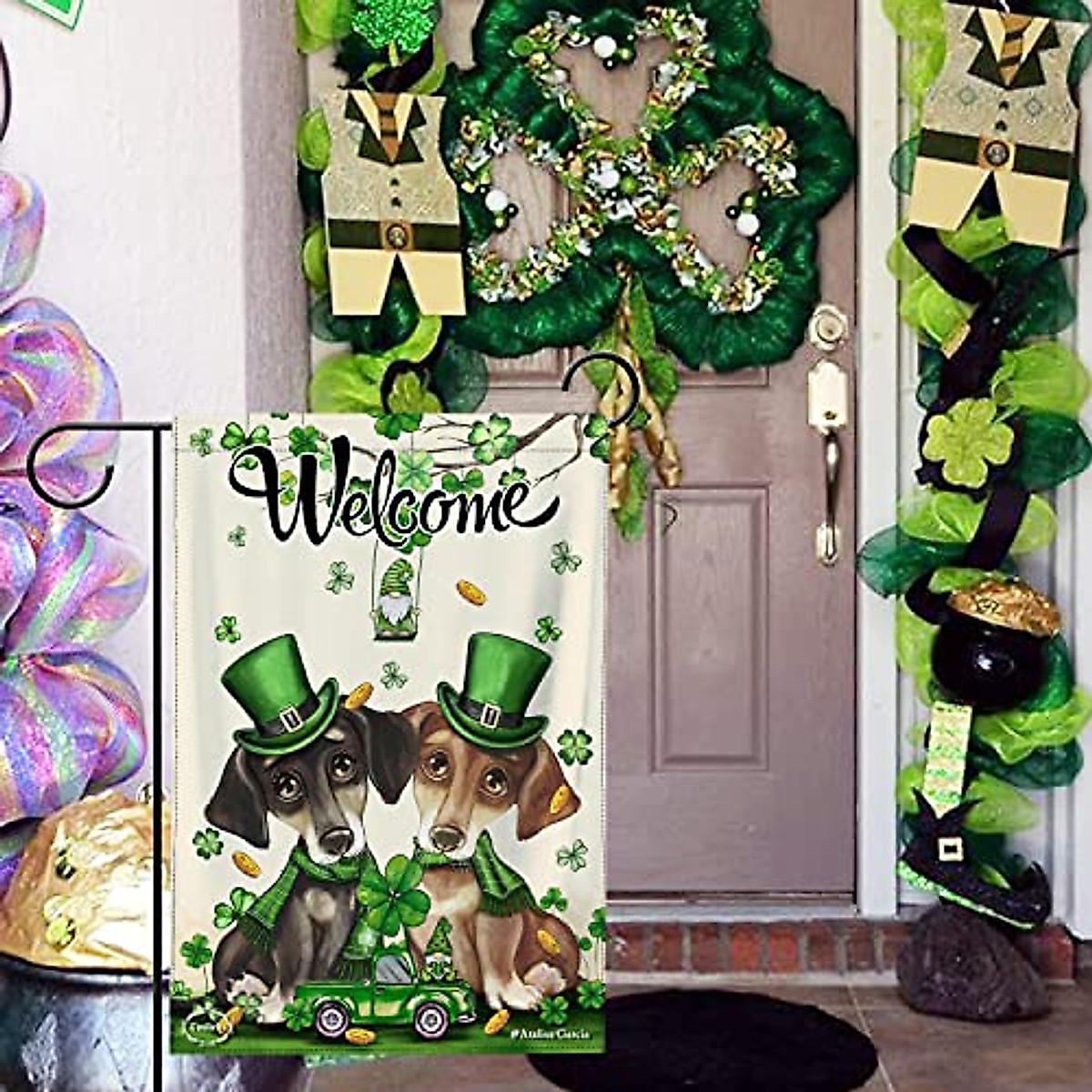 Welcome St. Patrick's Day Cute Dachshund Dog Puppy Lovers Luck Gnomes Green Garden Flag 12.5"x18" Double Sided Vertical Shamrock Clover Garden Flags For Outdoor Home Patio St. Patricks Yard Flag Decor