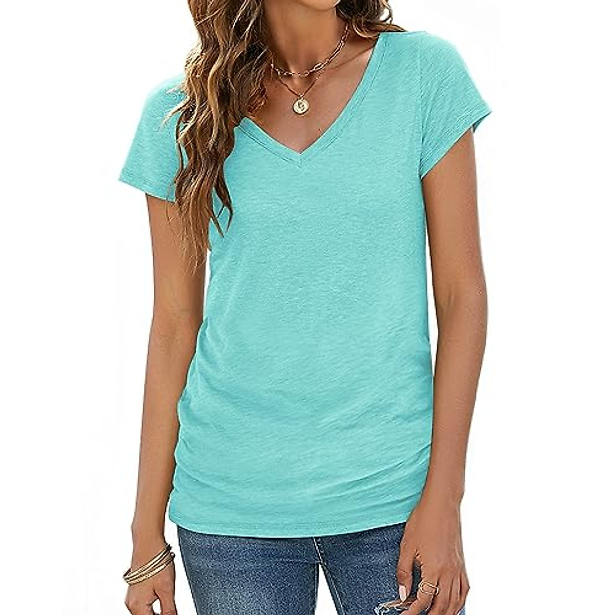 Sherosa Ladies Tops Short Sleeve V Neck Tee Shirts Cotton Plain T Shirts Basic Tees for Women Light Green S