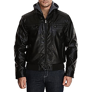 HOOD CREW Men Faux Leather Jacket with Detachable Hood Casual Motorcycle Bomber Jackets Outerwear Black XXL