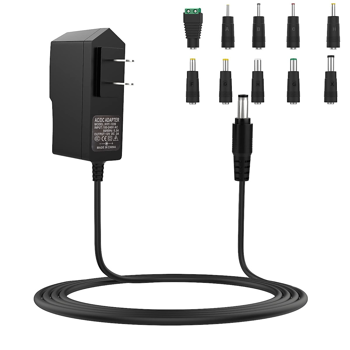 12V 2A AC Adapter Charger Replacement with 10 Tips, Regulated 12 Volts 2000mA Power Supply Cord for LED Strip Light, CCTV Camera, BT Speaker, GPS, Webcam, Router, DC12V Transformer (9.85ft)