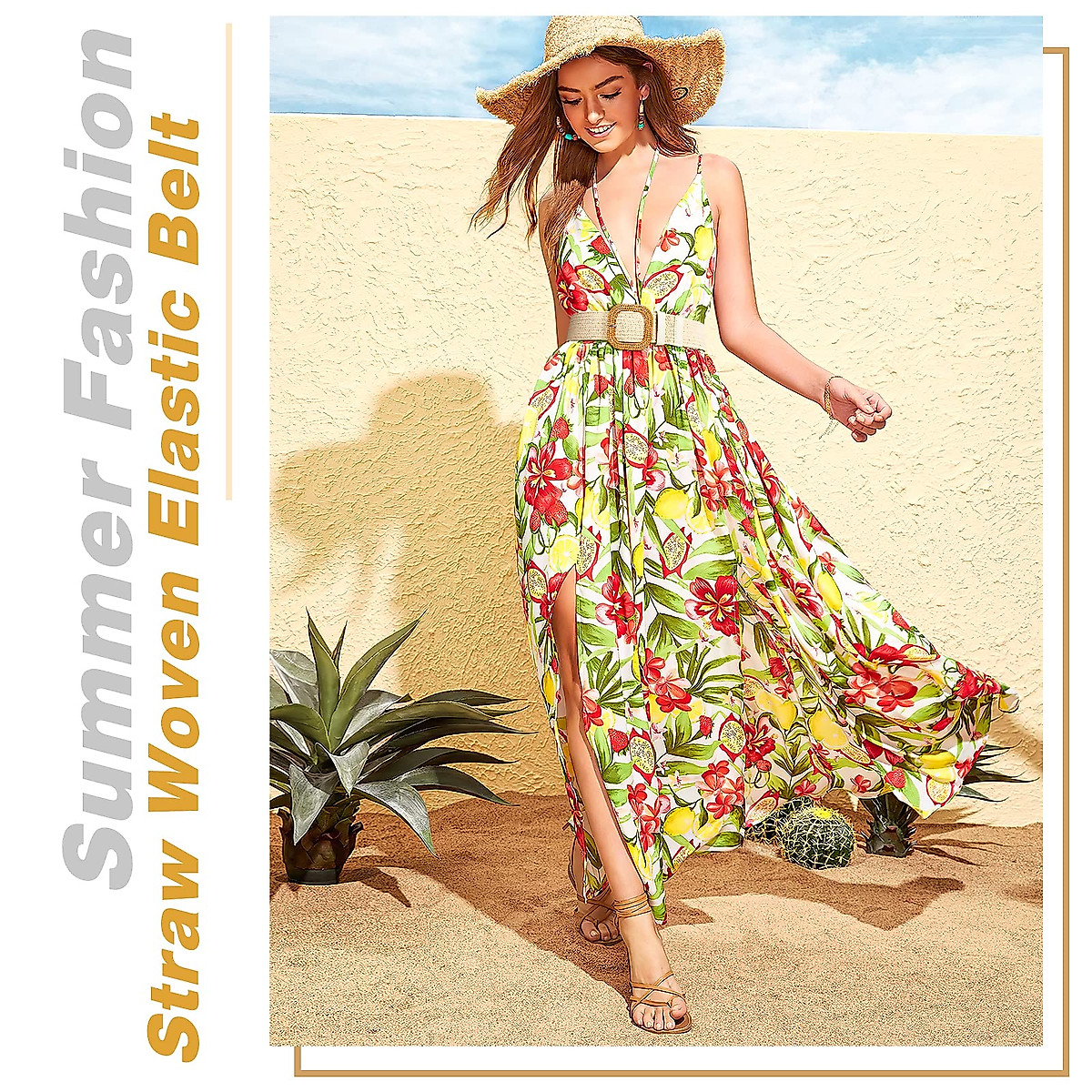 XZQTIVE Women Elastic Wide Belt - Fashion Summer Straw Imitate Woven Elastic Stretch Waist Band Boho Beach Dress Belts(1-Beige, Fit waist size below 34 inch)