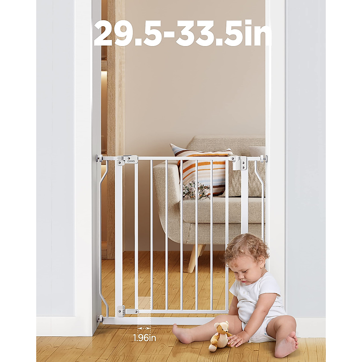 Ciays Baby Gate 29.5” to 33.5”, 30-in Height Extra Wide Dog Gate for Stairs, Doorways and House, Auto-Close Safety Metal Pet Child Gate for Dogs, Wall Pressure Mounted, White