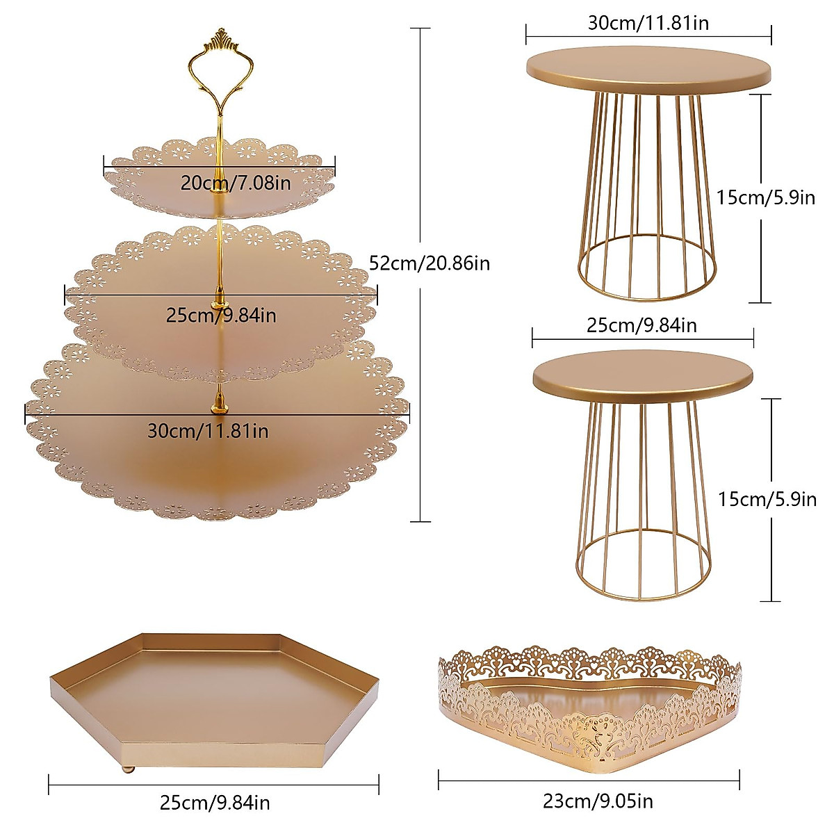 Gold Cake Stands Set Cake Pedestal Display Table Tiered Cupcake Holder Metal Round&Geometric Dessert Holder Set Candy Pastry Plate Decorating for Anniversary Wedding Birthday Party