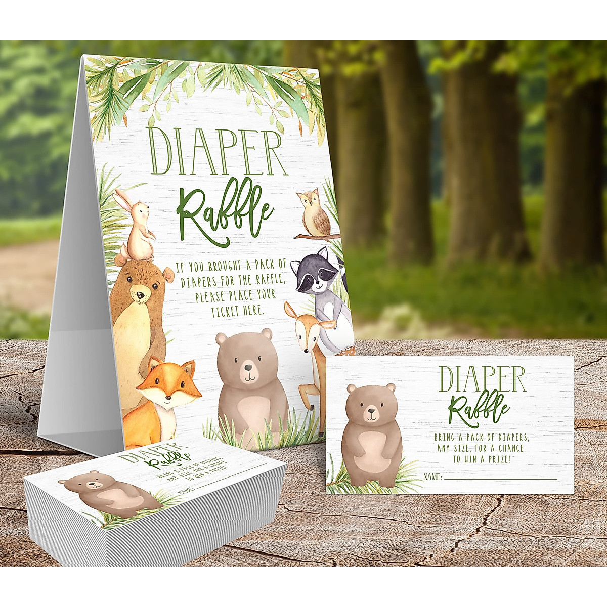 Your Main Event Prints Woodland Baby Shower Diaper Raffle Set - Self-Standing Sign with Matching Raffle Cards - Adorable Forest Animal Theme - Ideal for Nature-Themed Baby Showers