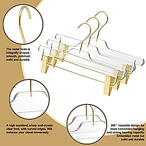 Quality Lucite Acrylic Clear Skirt Pants Trousers Bottom Hangers with Adjustable Metal Clips, Made of Clear Acrylic for a Luxurious Look and Feel with Swivel Hook (Clear/Gold Hook - Pant/Skirt, 5)