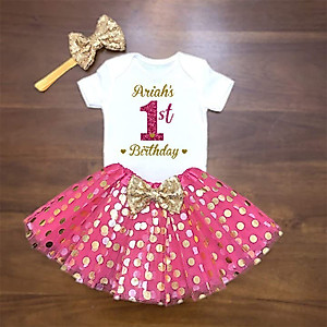 Funmunchkins Personalized 1st Birthday Girl Outfit, Hot Pink and Gold - 12M