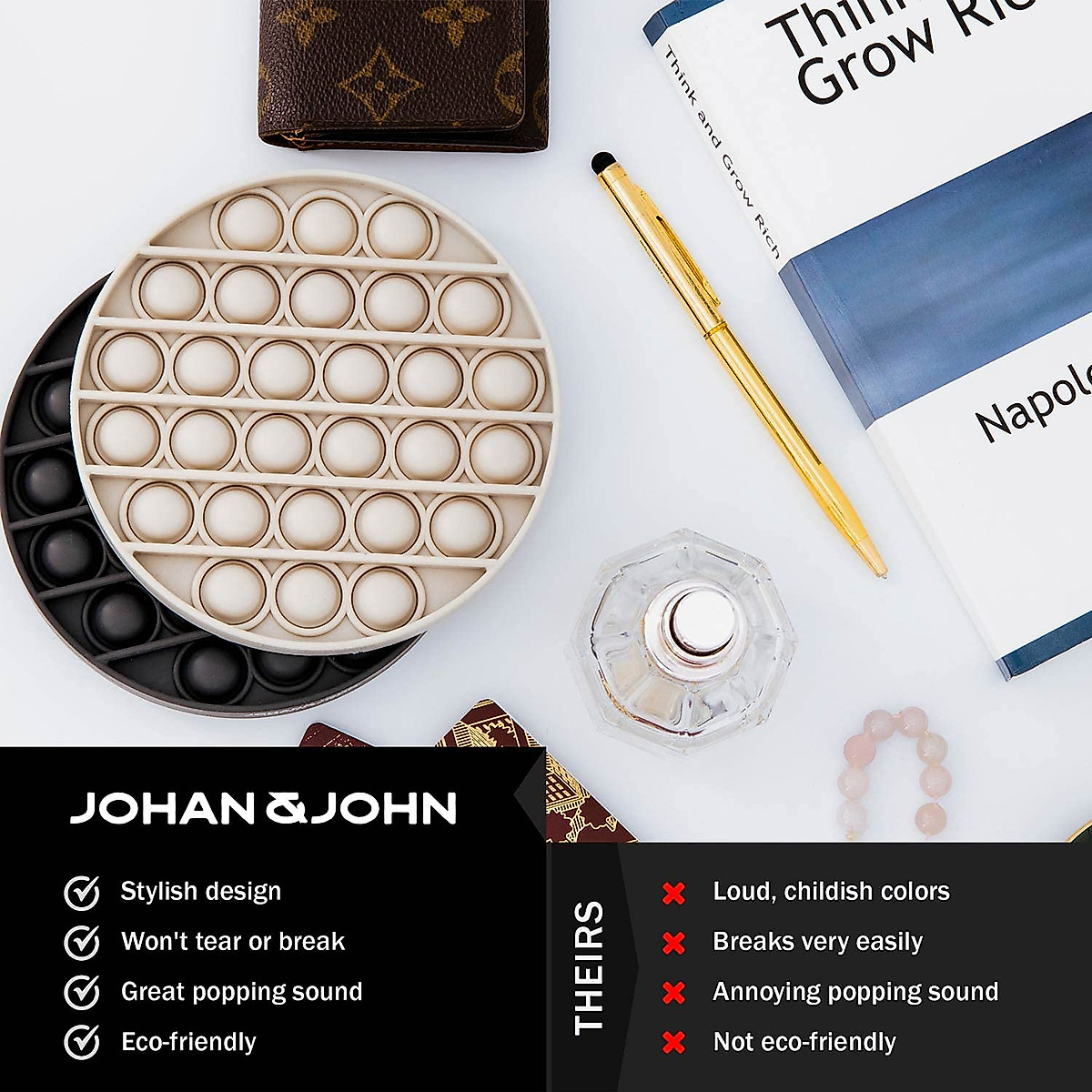 Johan & John Pop It Fidget Toys 2-Pack, Sensory Toys for Adults & Kids, Stress & Anxiety Relief Toys, Stylish Scandinavian Design, Robust & Firm, Poppet Loud on Both Sides, Granite & Blizzard