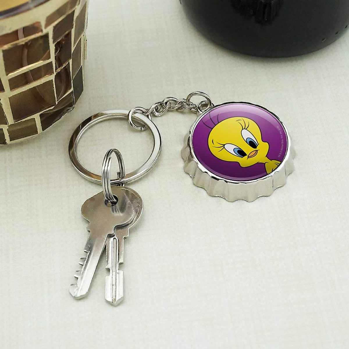 Looney Tunes Tweety Bird Chrome Plated Metal Pop Cap Bottle Opener Keychain Key Ring