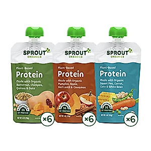 Sprout Organic Baby Food, Stage 3 Pouches, Butternut Chickpea, Pumpkin Red Lentil and Sweet Pea White Bean Variety Pack, 4 Oz Purees (Pack of 18)