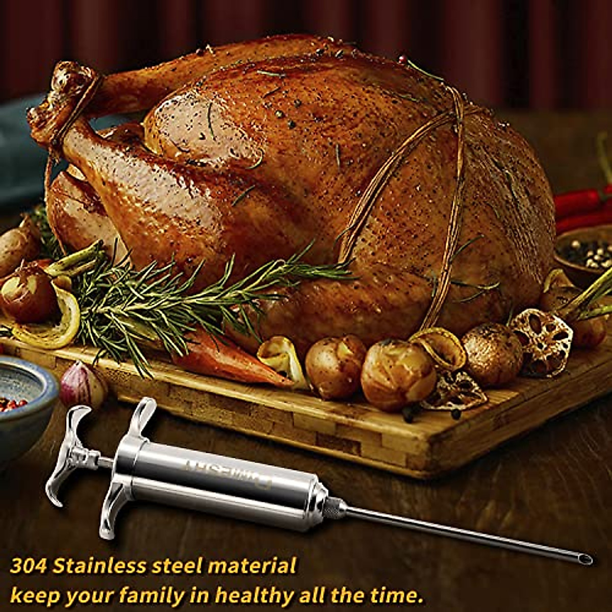 Heavy duty 304 Stainless Steel Meat Injector Kit with 2-oz Large Capacity Barrel with 3 commercial Marinade Needles