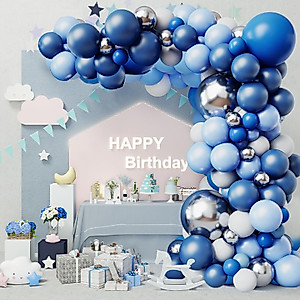 RUBFAC 144pcs Blue Balloons Arch Garland Kit, 18/12/10/5 Inch Blue White and Silver Party Balloons Silver Confetti Latex Balloons for Birthday Wedding Baby Shower Deorations