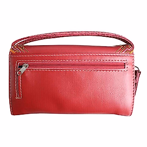 Texas West Western Native Longhorn Skull Embroidered Feather Embroidery Crossbody Small Pouch Wallet (Wine)