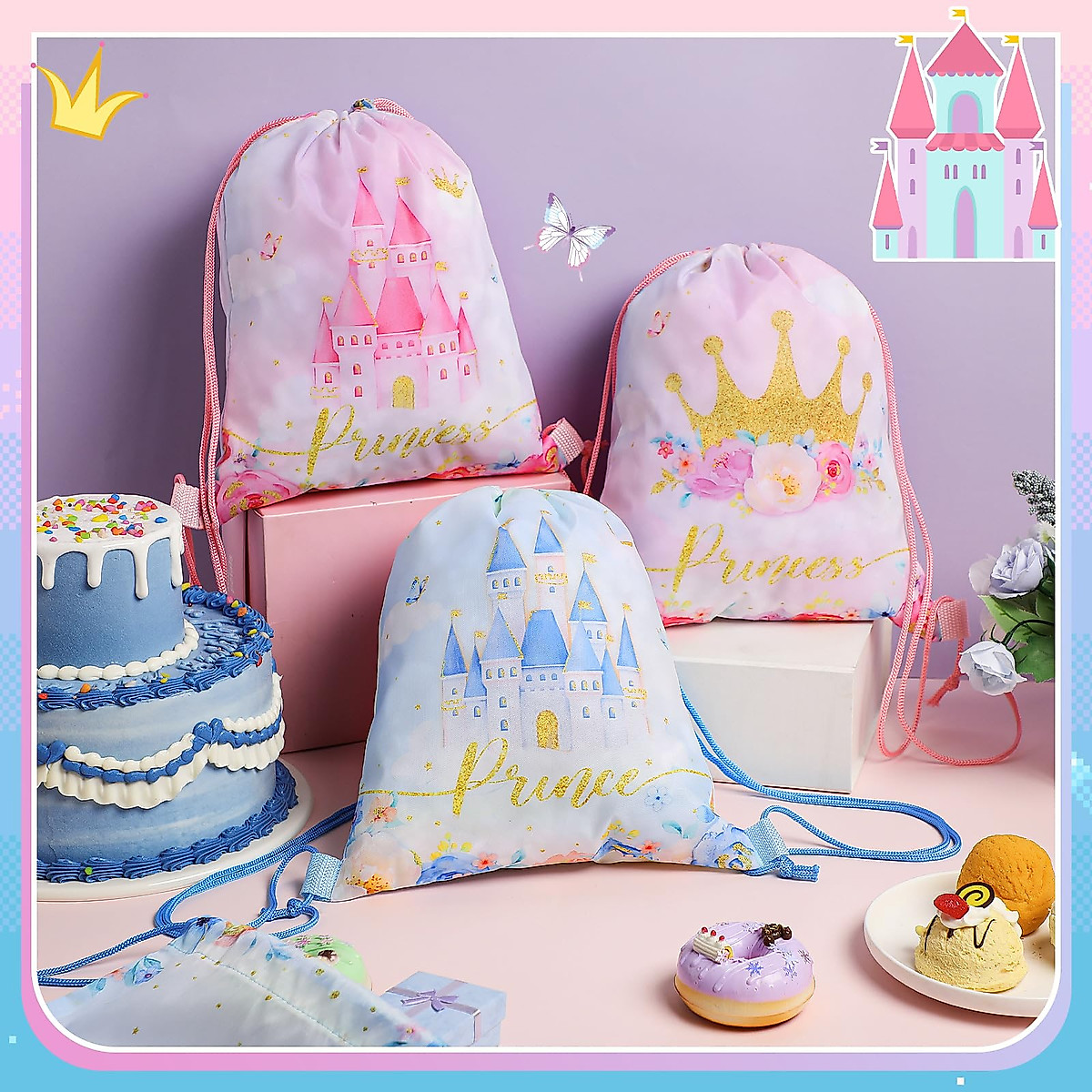 Censen 24 Pcs Drawstring Bags Set Bulk 12 x 10 Inch Princess Prince Party Favor Bags Crown Castle Floral Favor Gift Bag for Kids Gift Party Supplies (castle and Crown Style)