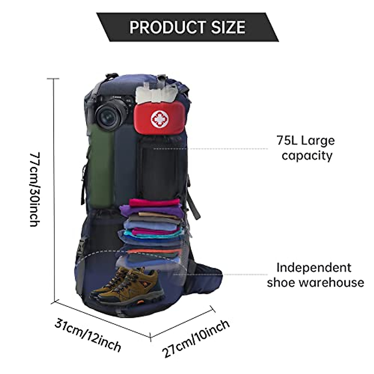 King'sGuard Hiking Backpack for Men and Women 70L+5L Waterproof Lightweight Camping Daypack with Rain Cover for Outdoor Travel Mountaineering - Frameless (Navy)