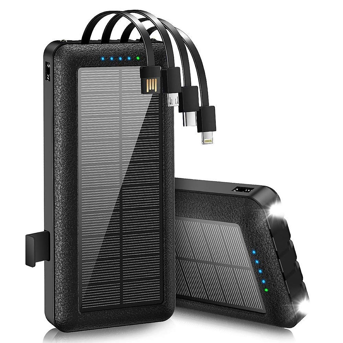 Portable Charger with Built-in Cables 30000mAh Solar Power Bank Fast Charge Battery Pack with 4 Outputs 3 Inputs,LED Flashlights,Solar Phone Charger for Smart Phones,Tablets and Camping