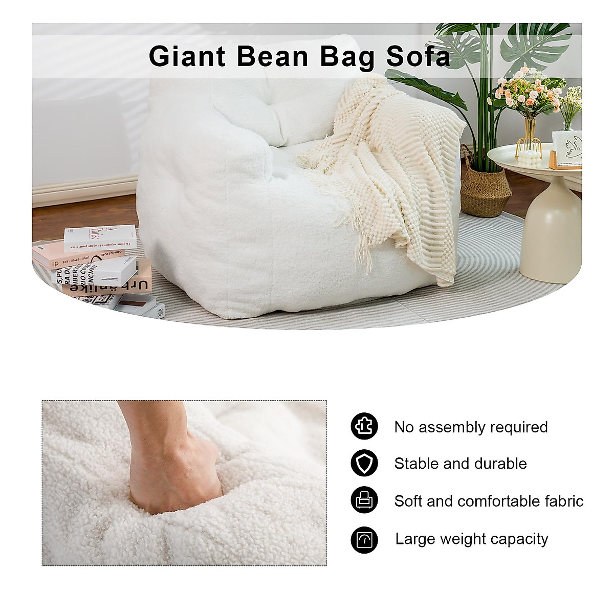 Recaceik Giant Beanbag Chair, Huge Fluffy Faux Fur Bean Bag Lazy Sofa with Filler, Ultra Soft Bean Bag Chair for Adults, Comfy Cozy Beanbag Chair with Memory Foam for Living Room, Dorm(White)