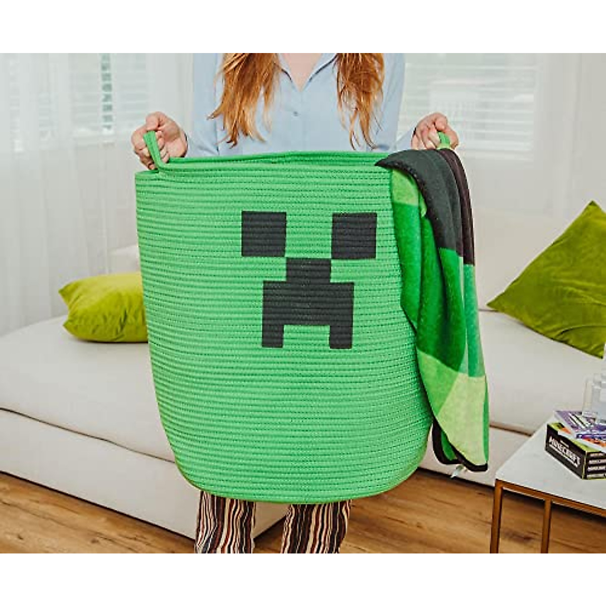 Minecraft Green Creeper Woven Cotton Rope Hamper Storage Basket For Laundry, Dirty Clothes Organizer