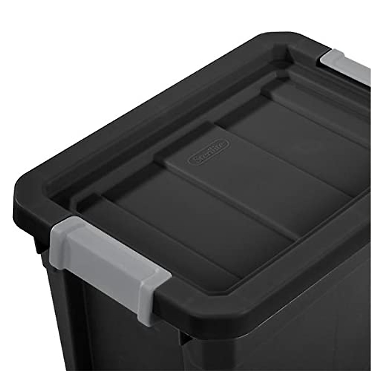 Sterilite 7.5 Gallon Stackable Rugged Industrial Storage Tote Containers with Gray Latching Clip Lids for Garage, Attic, or Worksite, Black (6 Pack)