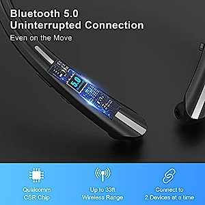 Fabenix Bluetooth Headphones, Bluetooth 5.0 Neckband Bluetooth Headphones, Sweat Resistant Noise Cancelling Stereo Headphones and Retractable Ear Tips for Music, Conference, Videos（Black）