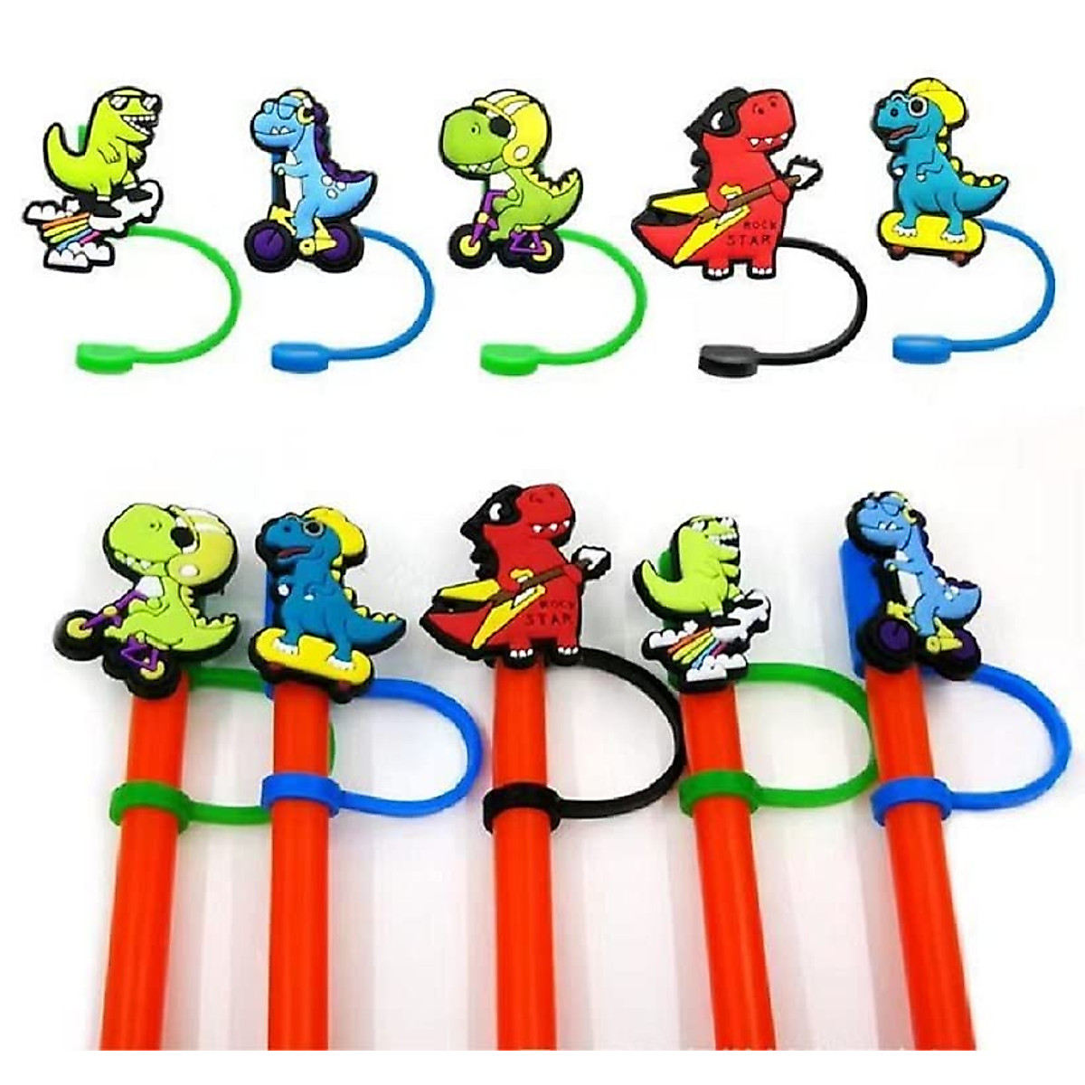 20pcs Silicone Dinosaur Straw Cover Pack Reusable Drinking Straw Caps Lids Dust-Proof Straw Plugs for Straw Tips for Kids Birthday Party Favors School Carnival Reward Prizes Decoration Supplies