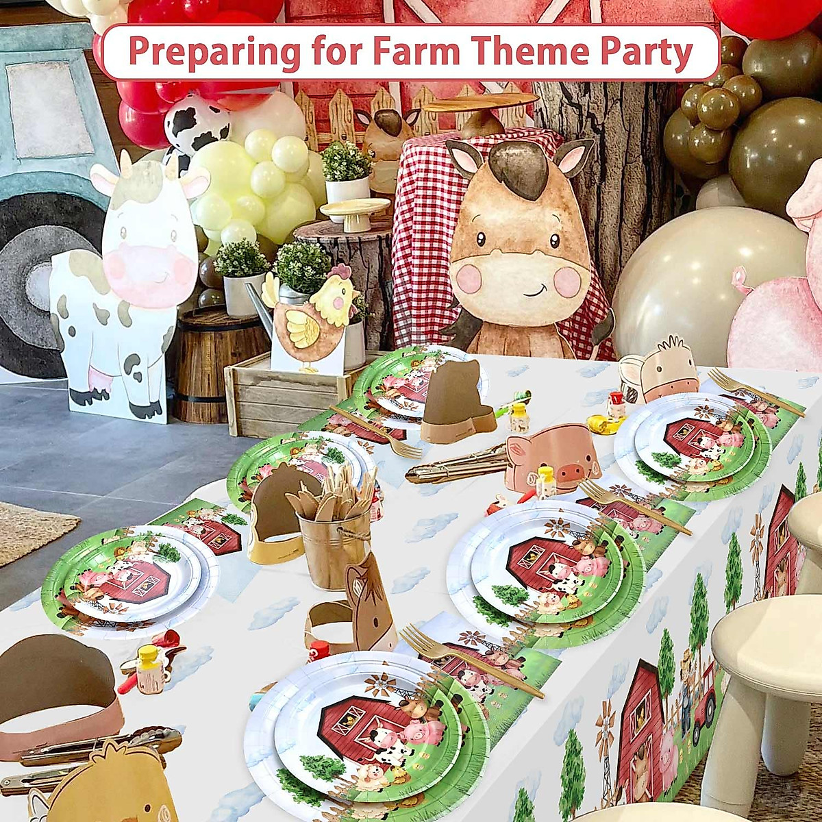 Lopeastar 100Pcs Farm Birthday Decorations Plates Set for 25 Guests, Barnyard Animal Plates Napkins and Forks Baby Shower Party Supplies