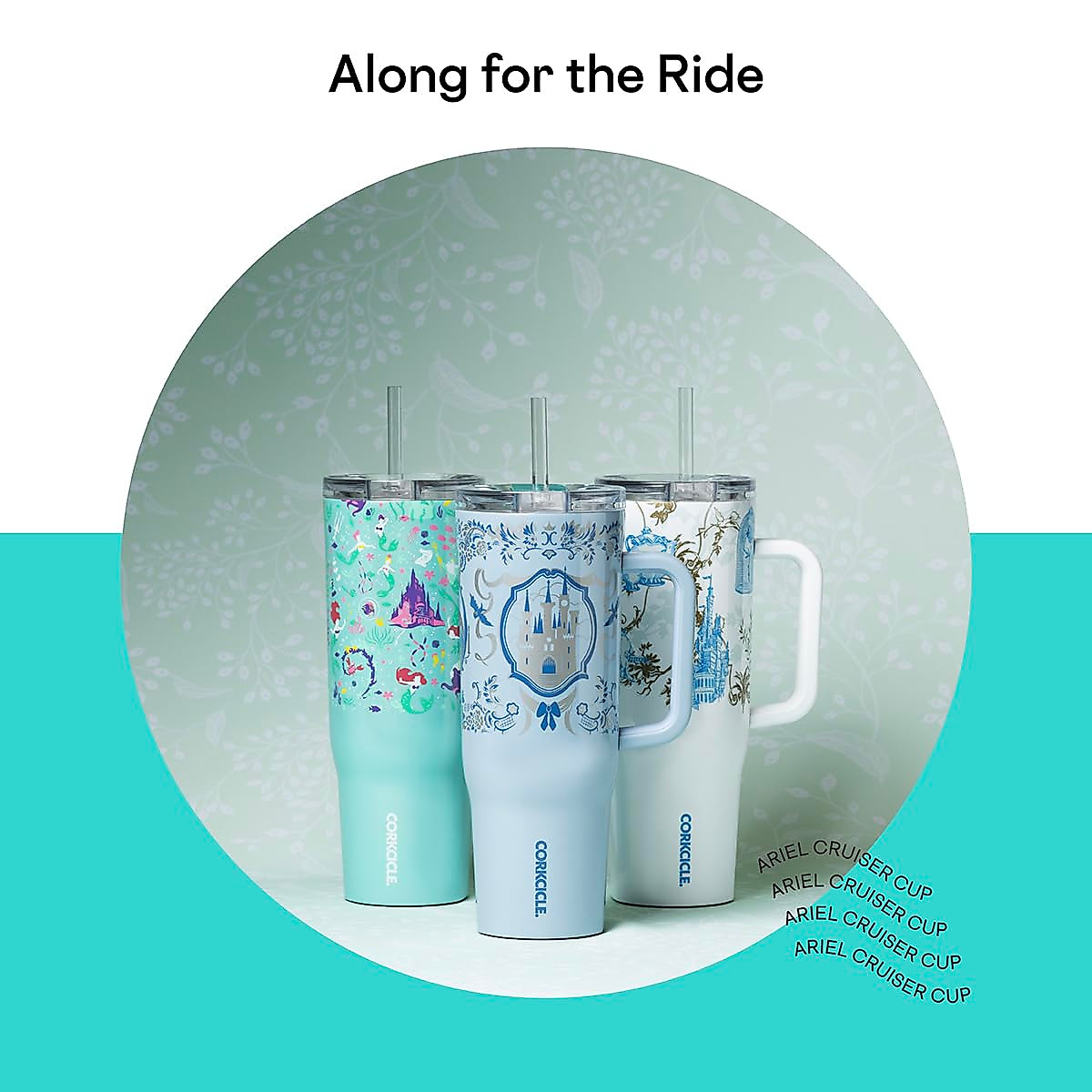 Corkcicle x Disney Princess Ariel Cruiser Insulated Tumbler with Handle & Straw - 40 oz Reusable Water Bottle Keeps Beverages Cold for 20 Hrs, Hot for 9 Hrs – Cupholder Friendly, Spill Proof Tumbler