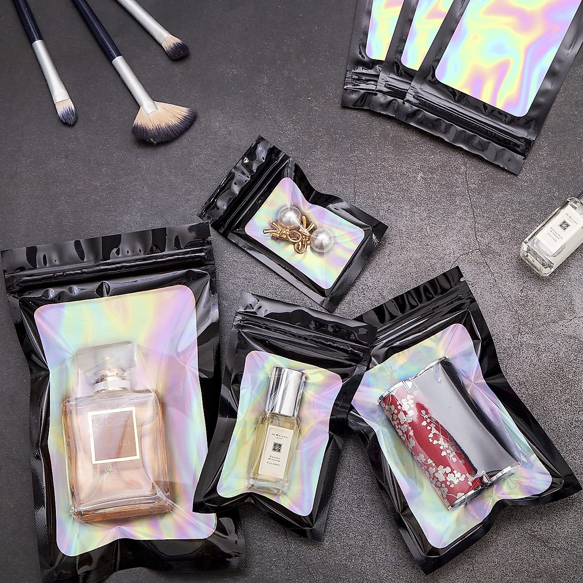 Ruiqiger 150 PCS Resealable Smell Proof Mylar Bags Food Storage Ziplock Holographic Bag Packaging Pouch Black With Window for Coffee,Electronics