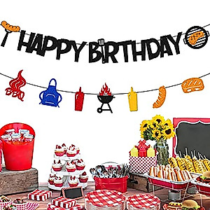 BBQ Happy Birthday Banner for Barbecue Picnic Sauce Grill Sausage Fork Fire Camping Theme Bday Party Supplies Black Glitter Decorations