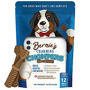 Bernie's Charming Chompers - Daily Dental Chews for Dogs 50-100 Lbs. - 12 Count - Cleans Teeth, Freshens Breath, + Boosts Oral-Gut Microbiome. Easy to Digest, Supports Healthy Digestion Naturally