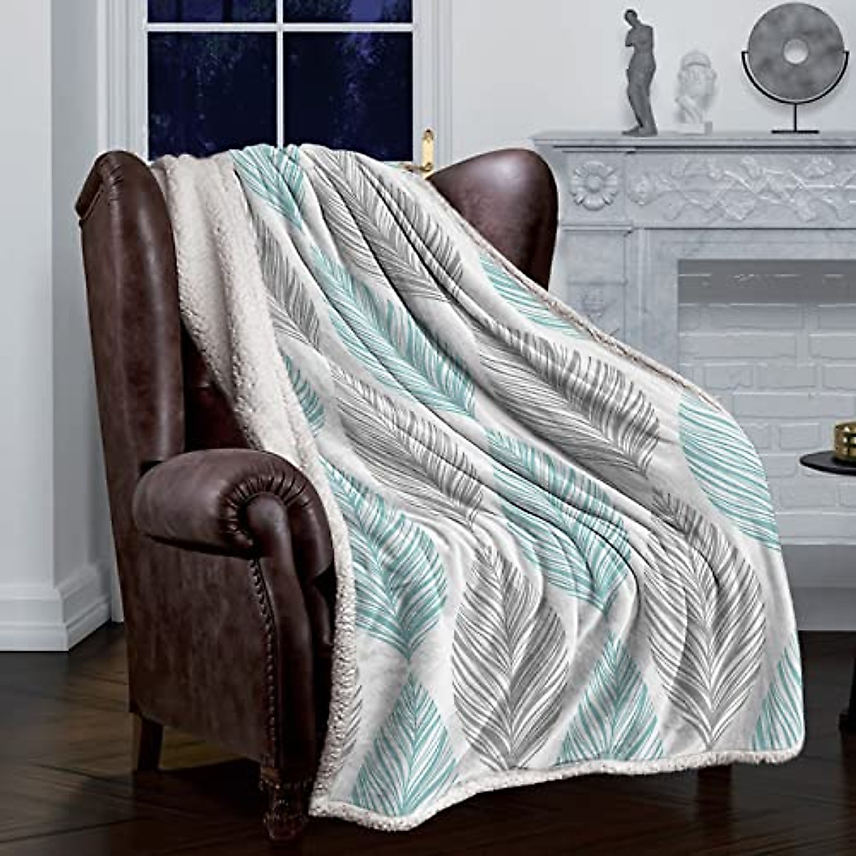 Gredice Sherpa Blankets Fleece Throw Blanket Reversible Soft Cozy Bed Blankets Abstract Seamless Plants Leaves,Flannel Sofa Throws,Grey and Teal Stripes on White Fuzzy Warm Blankets for Couch,40x50in